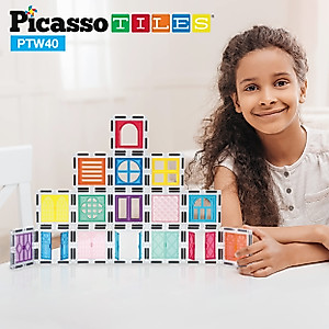 PicassoTiles Magnetic Tile Clip-in Window and Door Expansion Set, Magnetic Block Add-ons, Magnet Building Construction Toys, STEM Education Learning Stacking Block, Toddler Boys & Girls