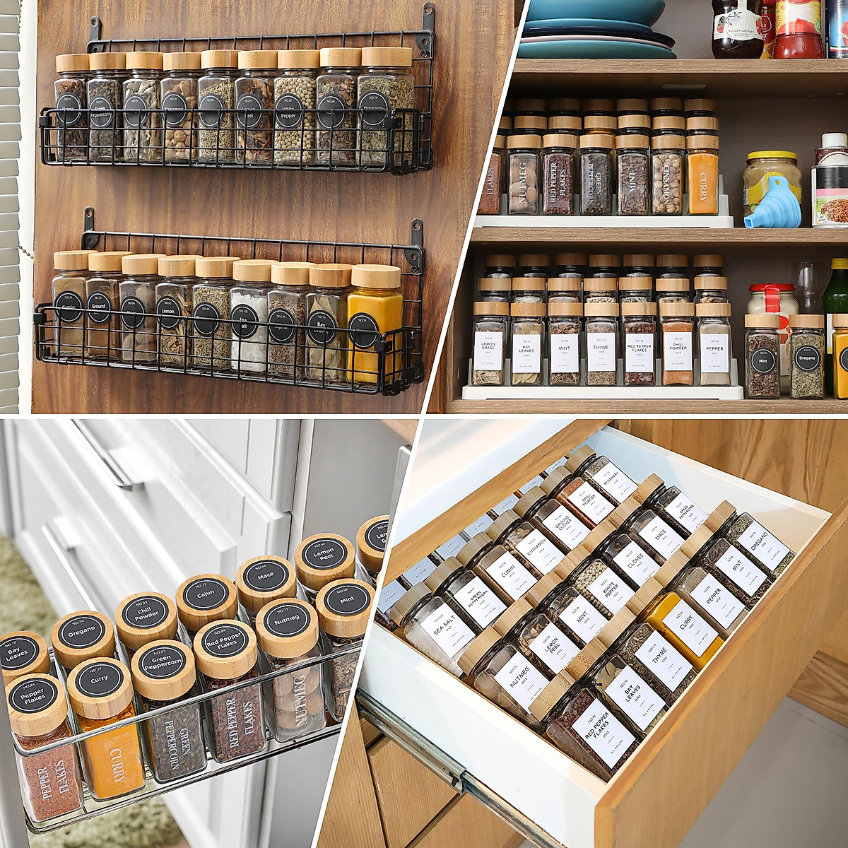 NETANY 36 Pcs Glass Spice Jars with Bamboo Lids, 4 oz Glass Jars with Minimalist Farmhouse Spice Labels Stickers, Collapsible Funnel, Seasoning Storage Bottles for Spice Rack, Cabinet, Drawer