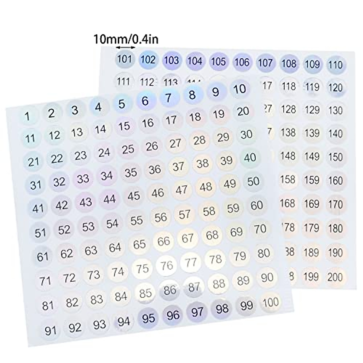 AYLIFU Serial Laser Digital Sticker ;Reflective Round Digital Sticker Self-Adhesive, Office Digital Label Sticker (5 Stickers 1 to 100 + 5 Stickers 101 to 200)