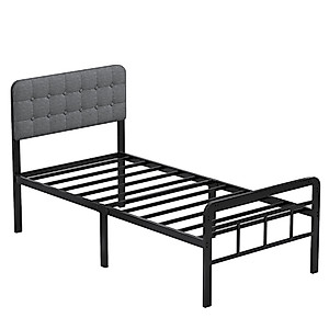 EMODA 16 Inch Twin Size Bed Frames with Upholstered Headboard and Metal Footboard, Heavy Duty Metal Slats Support Mattress Foundation, No Box Spring Needed, Easy Assembly