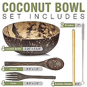 NaturalX Premium Coconut Bowls with Spoons (Set of 4) | Made from 100% Coconut Shell | Organic, Handmade, Vegan, Natural, Bamboo, Wooden, Eco Friendly, Reusable Bowl for Breakfast, Serving, Party