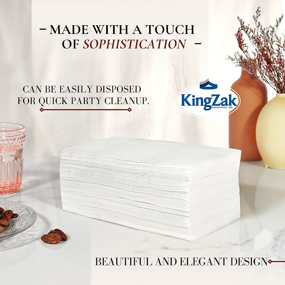 Kingzak White Dinner 16.5"X15" | Eight Fold | 2-Ply | Pack of 200 Napkin, 200 Count