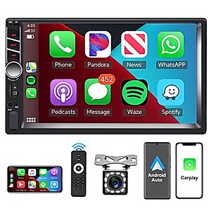 Podofo Double Din Car Stereo with Apple Carplay and Android Auto, 7 Inch HD Touchscreen Car Radio Support Mirror Link/FM/USB/TF/Aux-in/RCA/Bluetooth Car Audio Receiver with Backup Camera