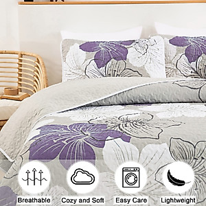 DJY 3 Pieces Quilt Set King Purple Lily Pattern Quilt Coverlet Set Boho Floral Bedspread with 2 Pillow Shams Lightweight Microfiber Elegant Bedding Quilt Set All Season (Purple, 104"x90")