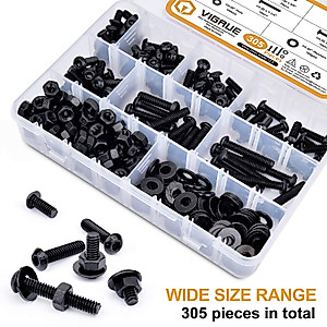 VIGRUE 305Pcs 1/4-20 Bolt and Nut Assortment Kit, 1/4-20 Black Button Head Socket Cap Screw Nuts Washers Kit, Assorted Allen Head Screws, Class 12.9 Alloy Steel