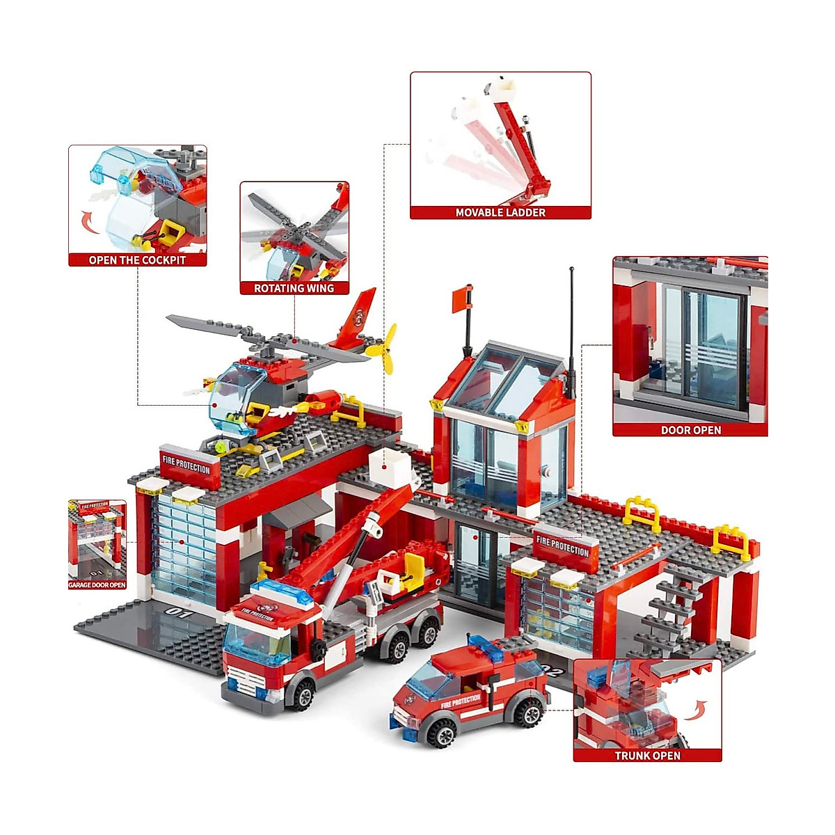 General Jim's Fire Station Multi Emergency Vehicle 774 Piece Modular Building Block Bricks Amazing Colorful 2 Level Fire Station Building Block Bricks Toy with Helipad - for Teens and Adults