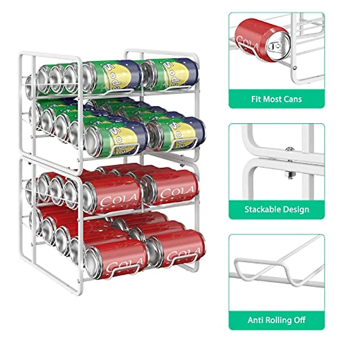 smusei Stackable Soda Can Organizer Soda Rack Holder for Pantry 4 Tier Beverage Can Dispenser Cola Storage Rack for Kitchen Cabinets Countertop, Holds 40 12oz Soda Cans or Canned Food - Matte White