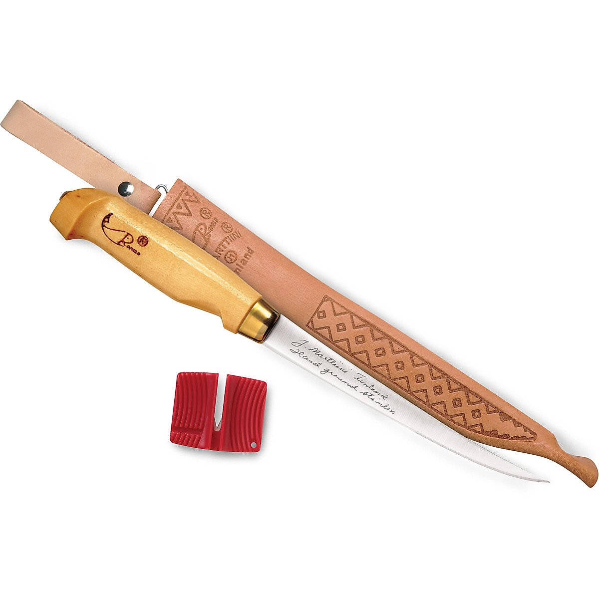 Fish 'N Fillet Knife - 7" Blade Length with Single Stage sharpener and Tooled Leather Sheath