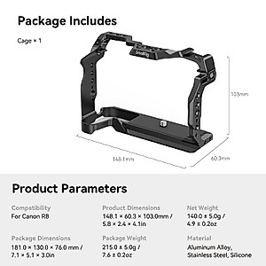 SmallRig Cage for Canon R8, Camera Cage for EOS R8 with1/4-20 Threaded Holes, 3/8"-16 Locating Holes for ARRI, Included Cold Shoe, QD Port and NATO Rail - 4212