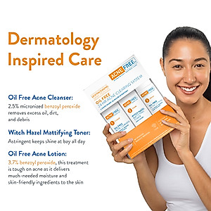 Acne Free 3 Step 24 Hour Acne Treatment Kit - Clearing System W Oil Free Acne Cleanser, Witch Hazel Toner, & Oil Free Acne Lotion - Acne Solution W/ Benzoyl Peroxide for Teens and Adults - Original