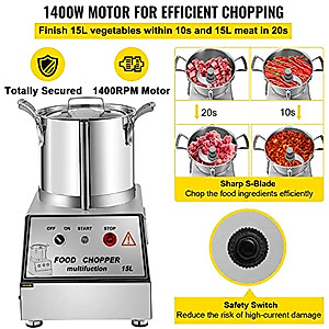 VBENLEM 110V Commercial Food Processor 15L Stainless Steel Grain Grinder 1400W Electric Food Grinder Cutter Mixer Perfect for Meat or Vegetable Stuffing, Fruit or Peanut Jam, Grain Powder