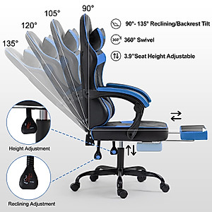Darkecho Massage Gaming Chair with footrest,Computer Chair with Flat Seat Cushion,Height Adjustable Gamer Chair with Padded Armrests,Headrest and Lumbar Support for Office or Gaming Blue