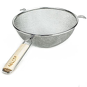 Huji Stainless Steel Fine 8" Double Mesh Food Strainer Colander Sieve Sifter with Wooden Handle for Kitchen Rice Pasta Noodles (1 Pack, 8")