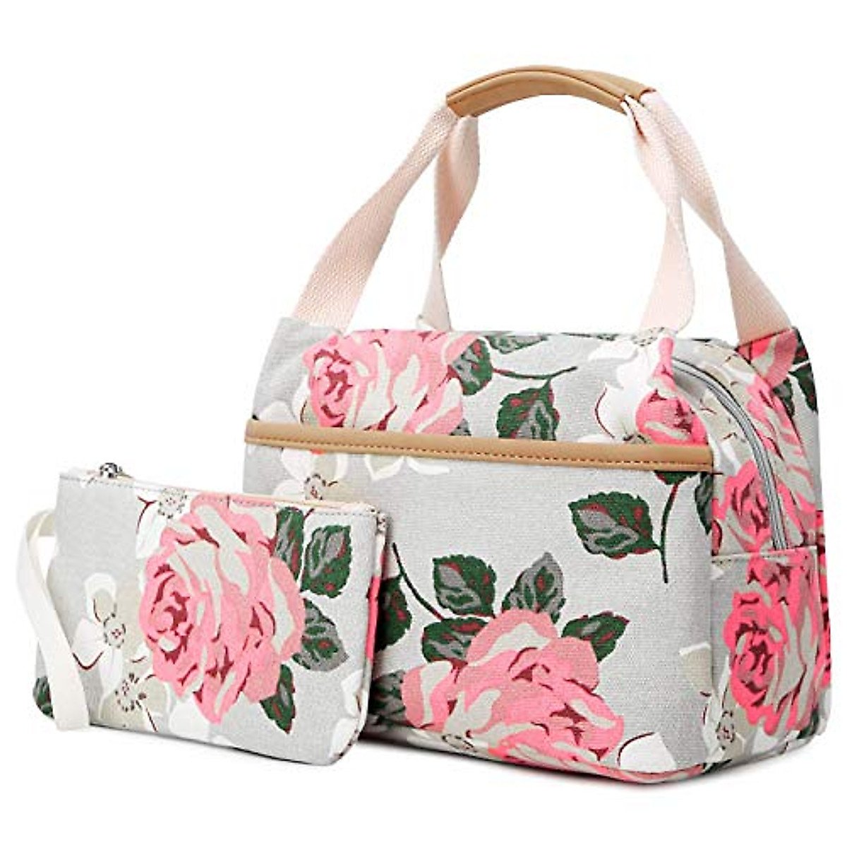 Qomalaya Canvas School Backpack Teens Backpack School Bag Backpack for School Book Bag set (Floral-grey)