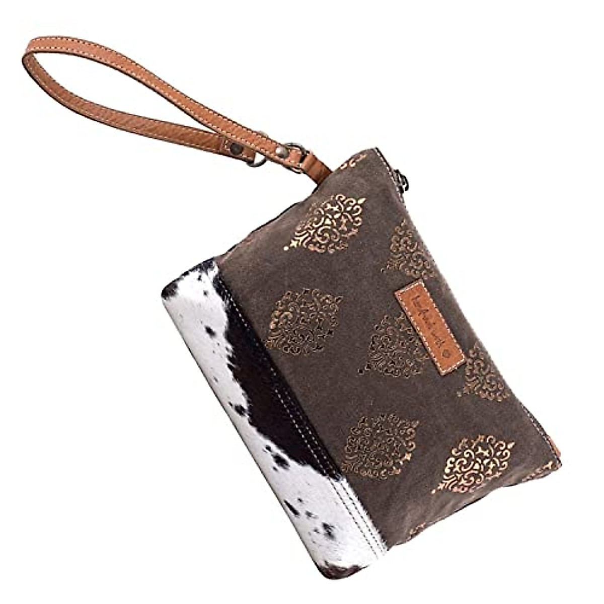 SIXTEASE Women's Fashion Wristlet Small Clutch With Wrist Strap - Vintage Style Zipper Made with Genuine Leather, Upcycled Canvas, Rug, or Hair On - Unique Designs, Hand Stitched - Dimensional