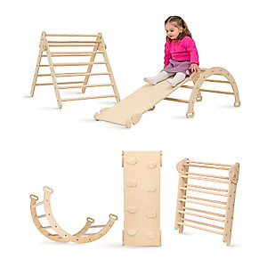 WoodandHearts Montessori Climbing Set, 3 Piece Climbing Gym, Indoor Climbing Gym, Set for Toddlers, Climbing Toys for Toddlers 1-3 Inside in Natural Wood Color (2-6 Years)