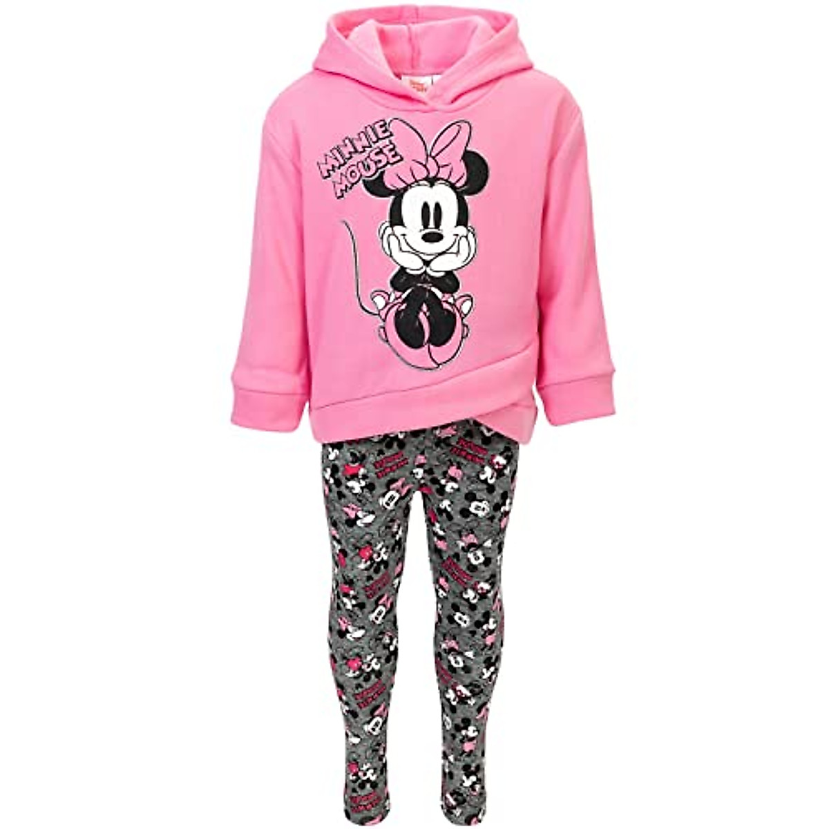 Disney Minnie Mouse Little Girls Crossover Fleece Hoodie and Leggings Outfit Set Pink Glitter 7-8