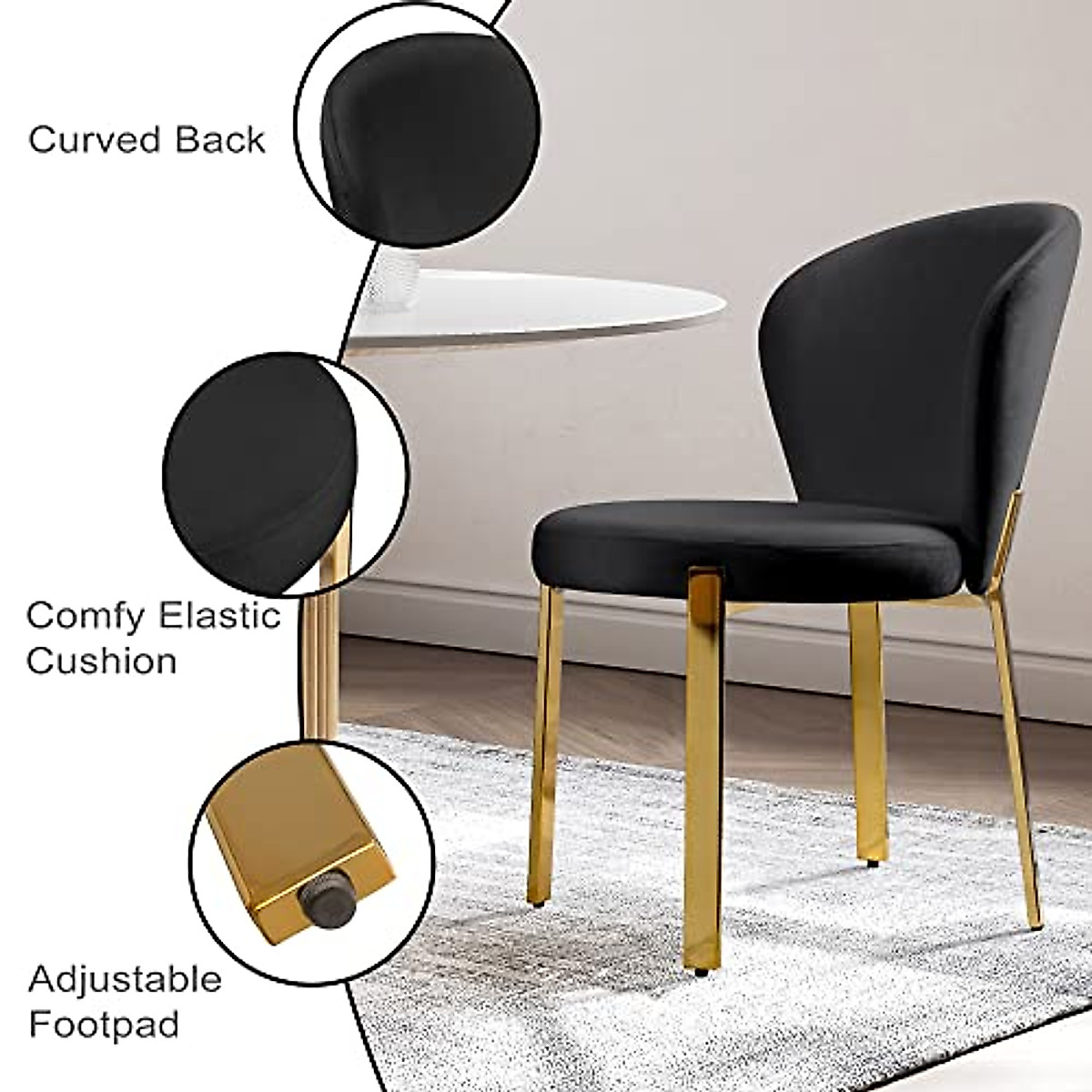 KithKasa Velvet Dining Chairs Set of 2 Upholstered Modern Kitchen Side Dinner Chairs with Golden Metal Legs for Vanity Dining Room, Black