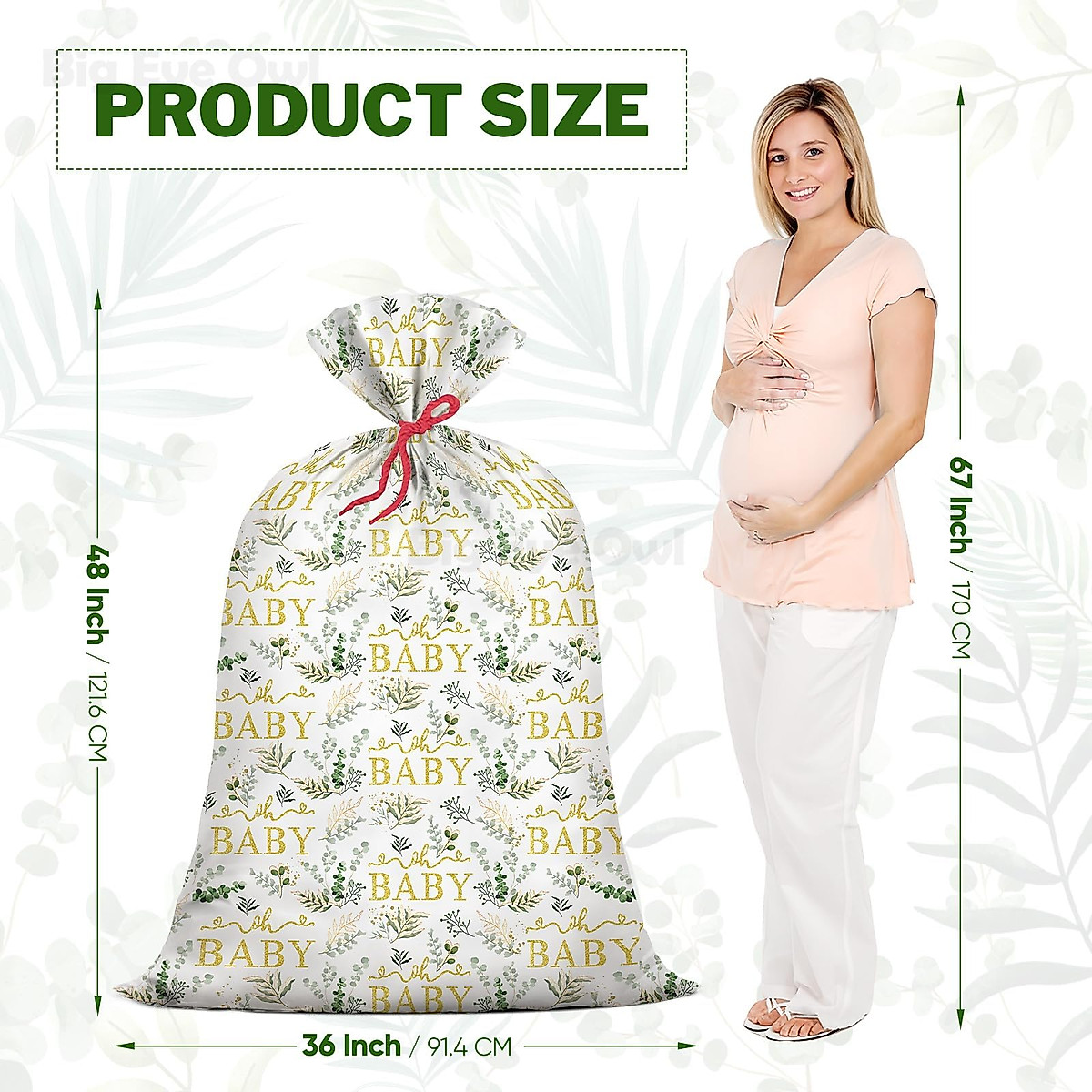 Extra Large Baby Gift Bag Baby Shower 48"x 36" Jumbo Plastic Present Bag Eucalyptus Leaves Birthday Large Gift Wrapping Bags Oversized Oh Baby Sage Green Gender Reveal Birthday Party Favors