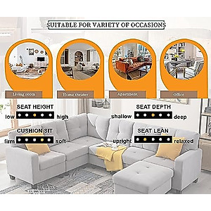 asunflower Modular Sectional Sofa with Storage Ottman 6 Seater Modular Couch Furniture Set for Living Room Velvet Corner Sectional Couch for Home & Office, Small Spaces, Grey