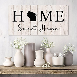Classic Style Wood Pallet Sign Home Sweet Home Wisconsin State Rustic Wooden Wall Plaque Wall Pediment Inspirational Wood Wall Pediment for Deck Front Door Wall Hanging Decorations 12x24 Inch