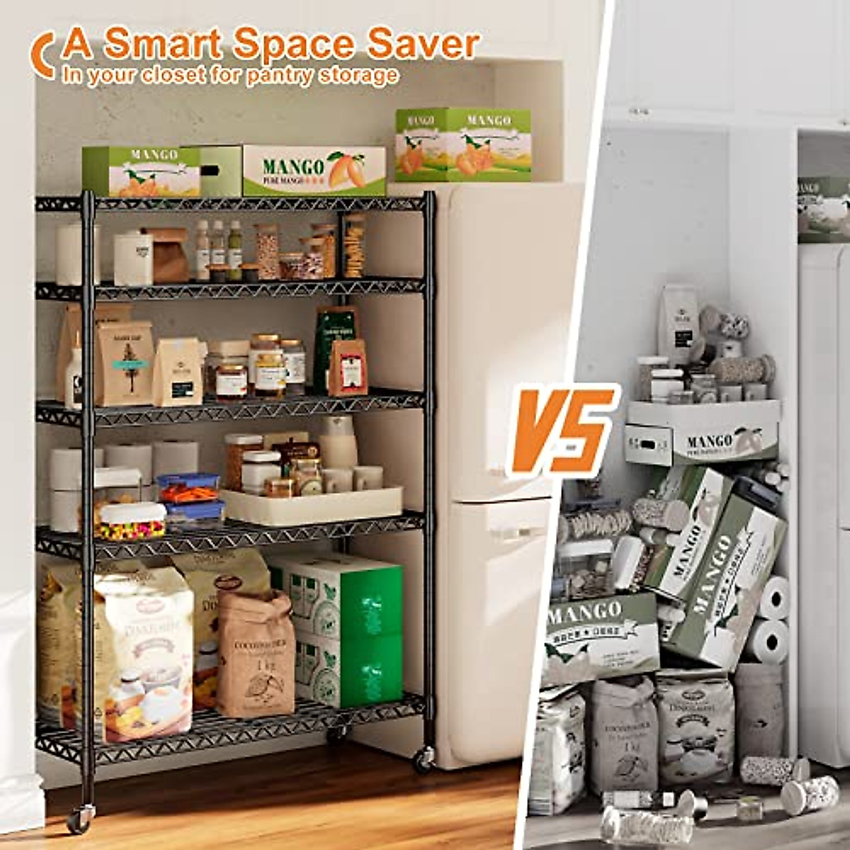 REIBII Wire Shelving Rack Garage Shelving with Wheel 5 Tier Metal Shelving Unit 1750LBS Adjustable Wire Shelf for Garage Storage Shelves Rolling Heavy Duty Shelving Metal Shelves for Storage Pantry