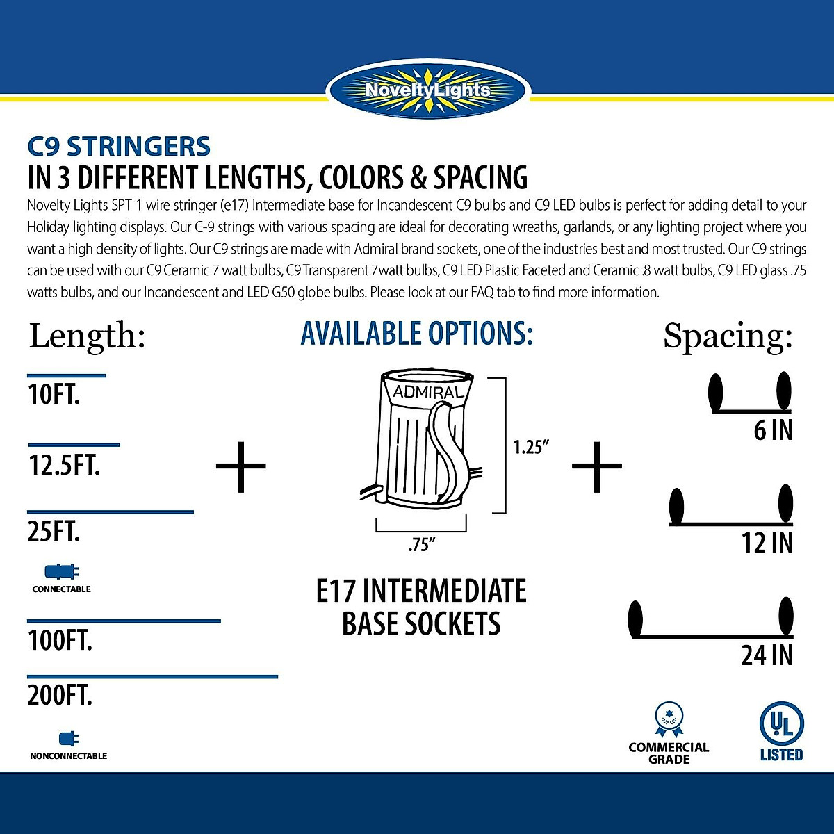 Novelty Lights 25 Foot String Light Set - Indoor/Outdoor Stringer Set for Christmas, Wedding Decor, Patios, & More - C9/E17 Intermediate Base (Green Wire, 12" Spacing)