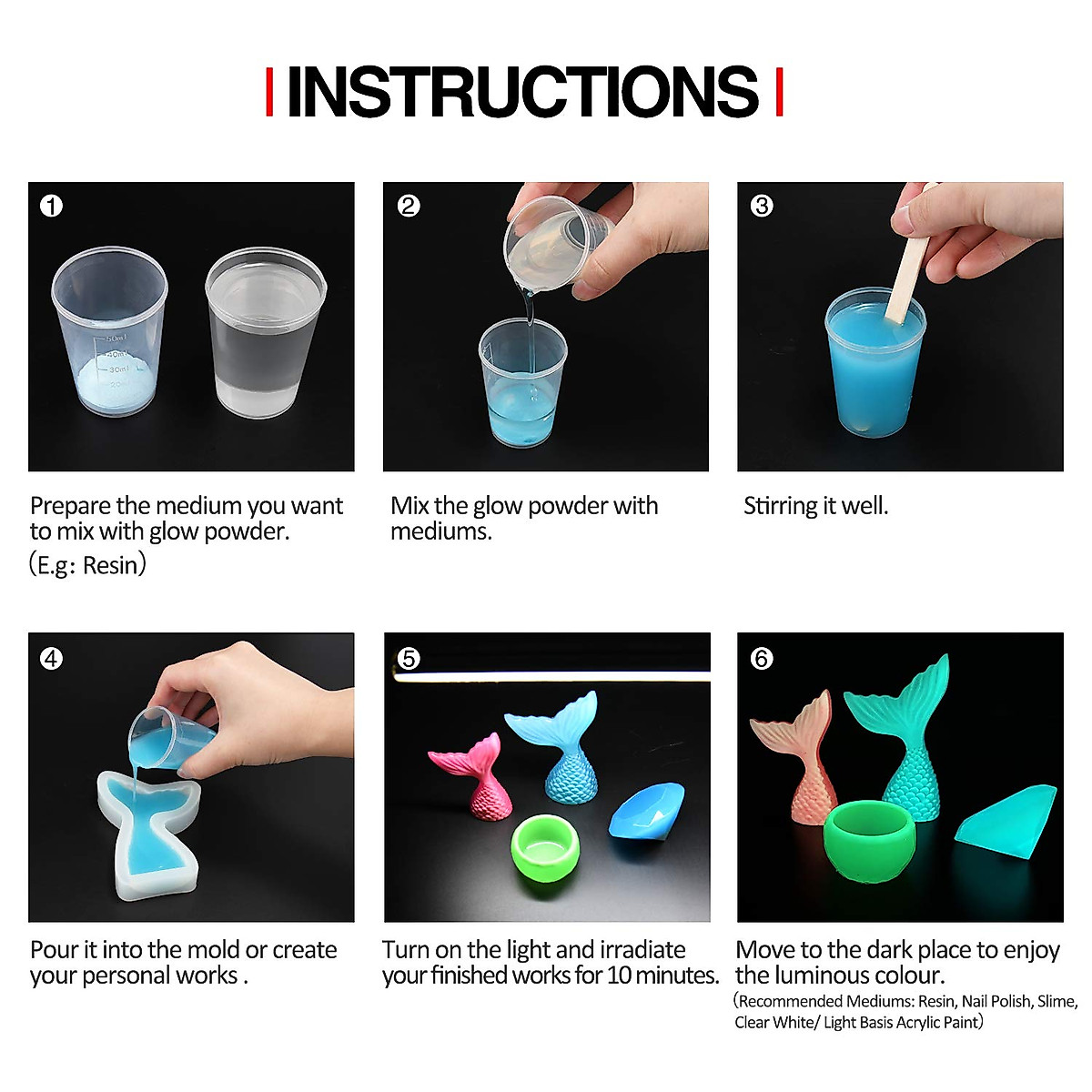 Wtrcsv Glow in The Dark Pigment Powder, 10 Color Epoxy Resin Luminous Powder Non-Toxic Safety Powder for Acrylic Paint, Slime, Nails, Resin, Concerts or DIY - 20g/0.7oz Each