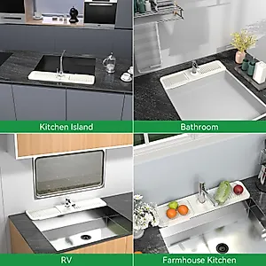 Kitchen Sink Splash Guard Behind Faucet 24 x 5.5 Inch, Toovem Faucet Handle Drip Catcher Tray, Longer Silicone Sink Faucet Mat, Dish Soap Sponge Holder for Bathroom, Farmhouse, Bar, Rv,Beige White