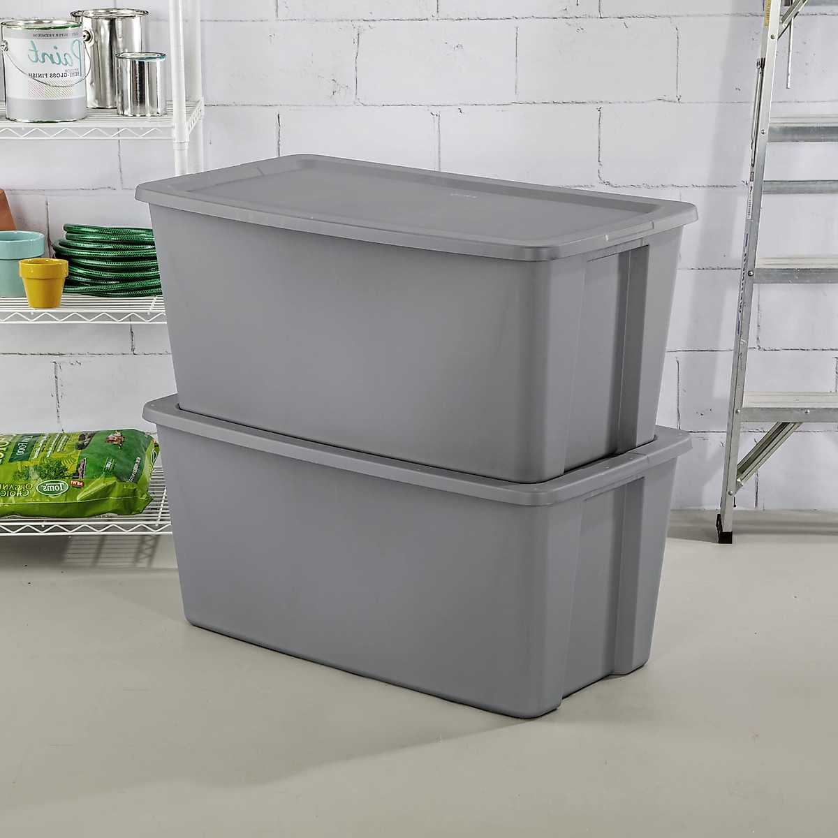 OOTUS 50 Gallon Tote Box Plastic, Titanium, Set of 4