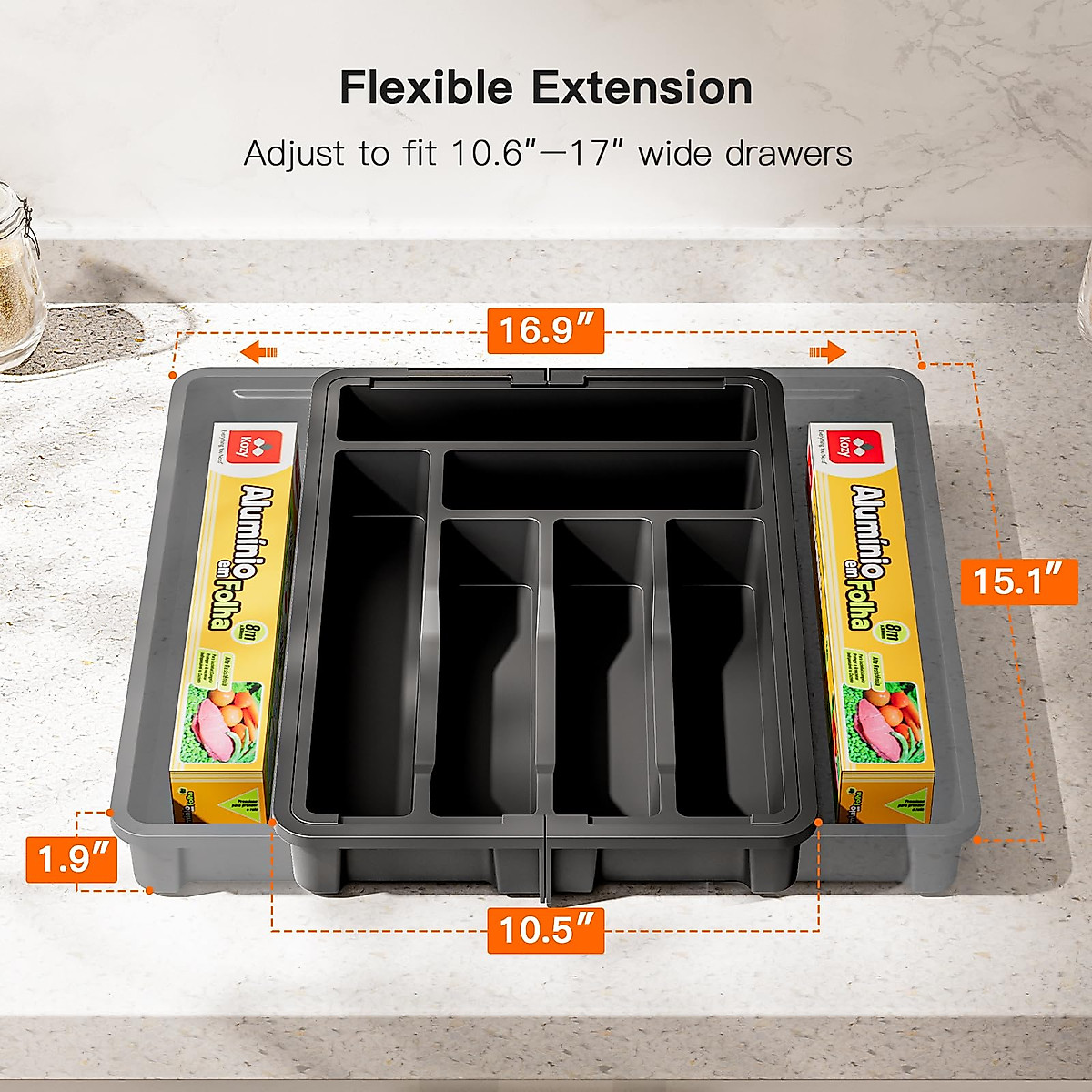 Pipishell Expandable Silverware Organizer, Adjustable PP Plastic Utensil Drawer Organizer, Cutlery Kitchen Drawer Organizer with Upgraded Sliding Track for Knife, Fork & Spoon Storage, Black