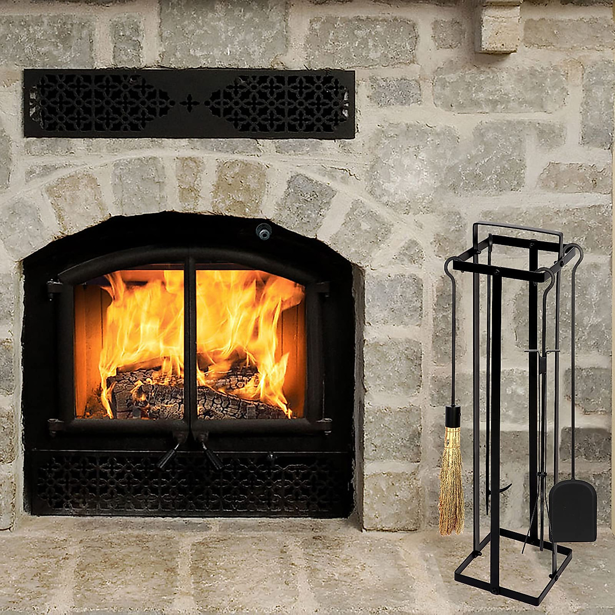 Harmiden 5 Pieces Fireplace Tools Set Wrought Iron Indoor Fire Place Accessories Hearth Wood Stove Outdoor Fire Pit Tool Set