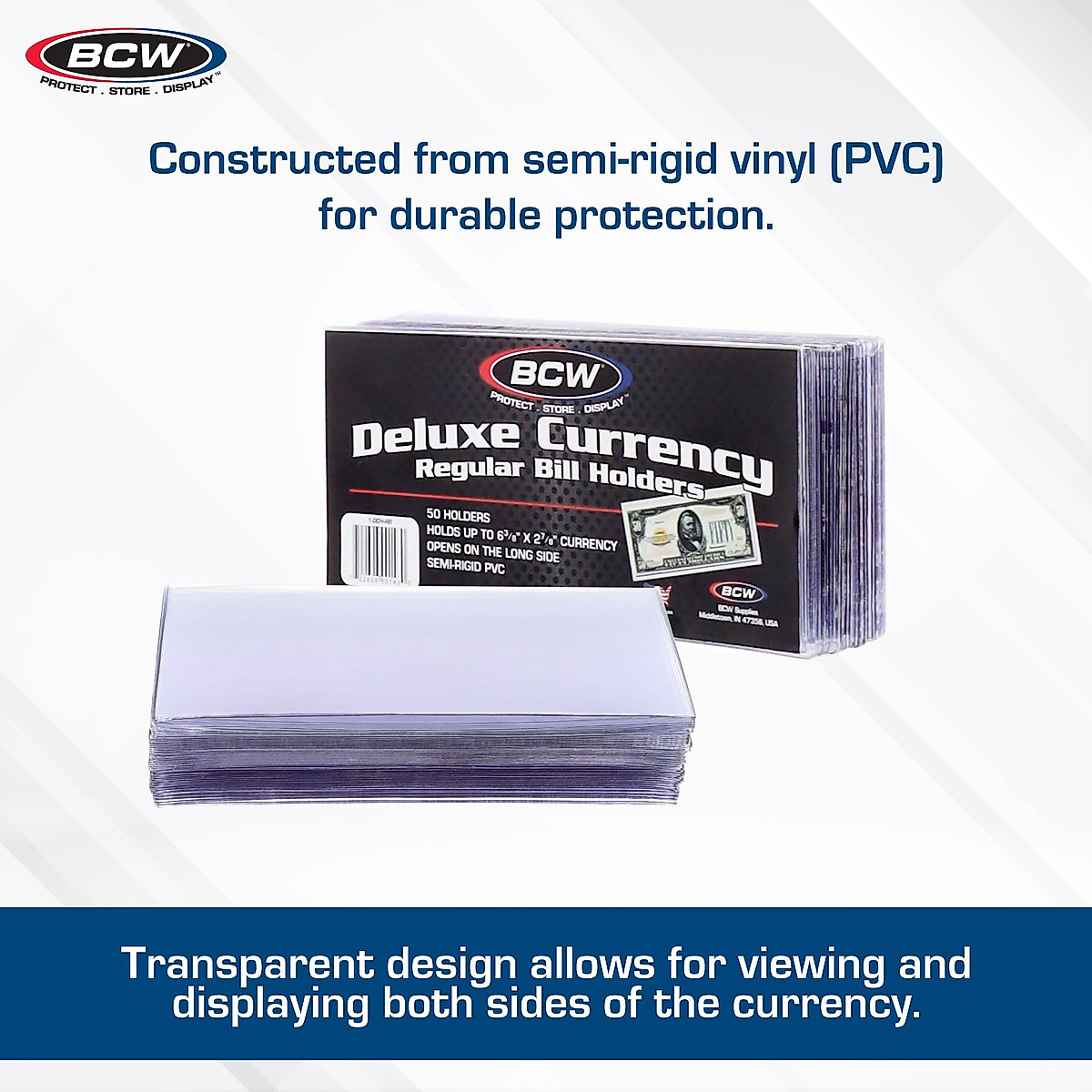 BCW Regular Bill Deluxe Currency Holders - 10ct | Deluxe Archival Safe Bill Protector Sleeves | Double-Polished Clear Vinyl | for Collectors and Numismatics | US Regular Bill Currency Holders