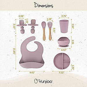 Yunioo Silicone Baby Feeding Set | 9 Piece Baby Led Weaning Set | Microwave, Oven & Dishwasher Safe Silicone | Suction Bowl & Plate | Bib, Training Cup, Plate Lid, & Toddler Utensils | Dusty Mauve