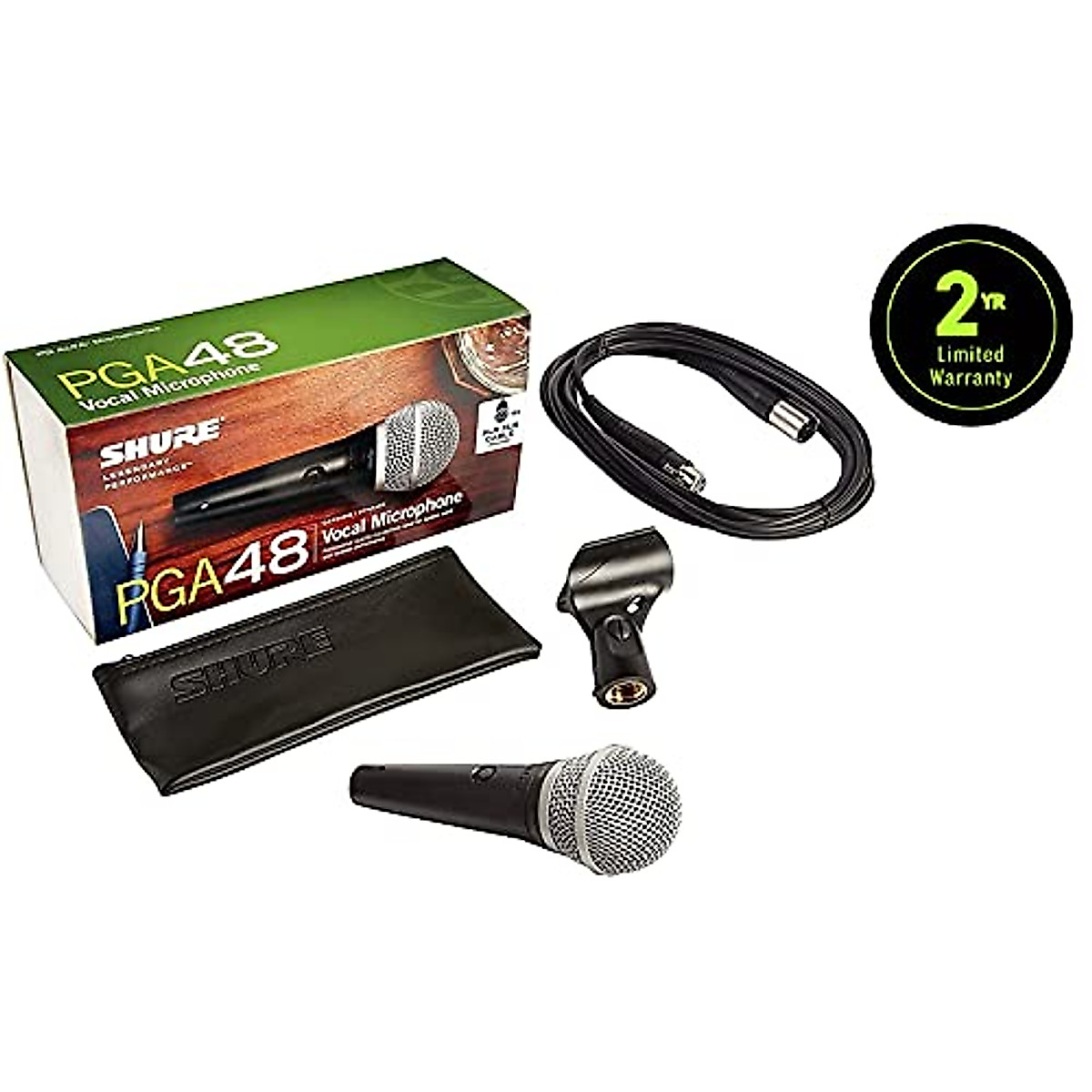 Shure PGA48 Dynamic Microphone - Handheld Mic for Vocals with Cardioid Pick-up Pattern, Discrete On/Off Switch, 3-pin XLR Connector, 15' XLR-to-XLR Cable, Stand Adapter and Zipper Pouch (PGA48-XLR)