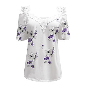 Womens Summer Tops 2023 Lace Cold Shoulder Tee Cute Floral Short Sleeve T Shirt Ladies Casual Regular Fit Blouses