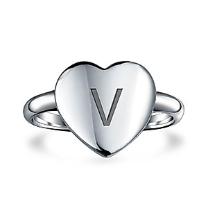 Tiny Minimalist Blank Plain Flat Heart Shape Initial Monogram Signet Ring For Teen For Women .925 Sterling Silver
