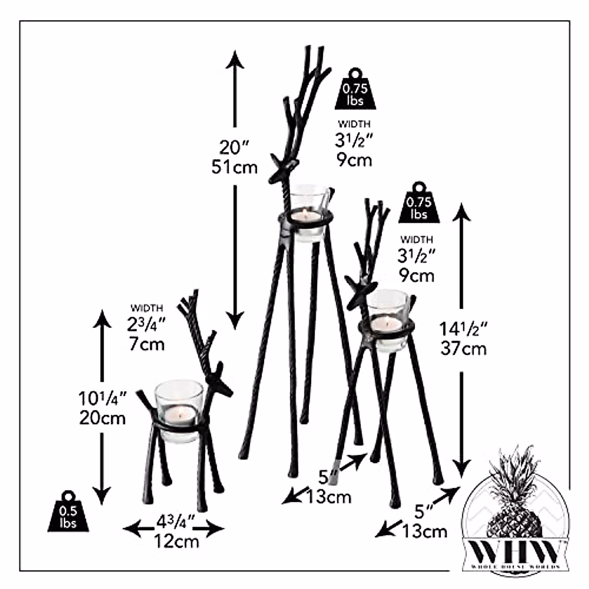Rustic Reindeer Votive Candle Holders, Set of 3, Handmade, Forged Black Aluminum, Glass Cups, 10.25, 14.25, and 20 Inches