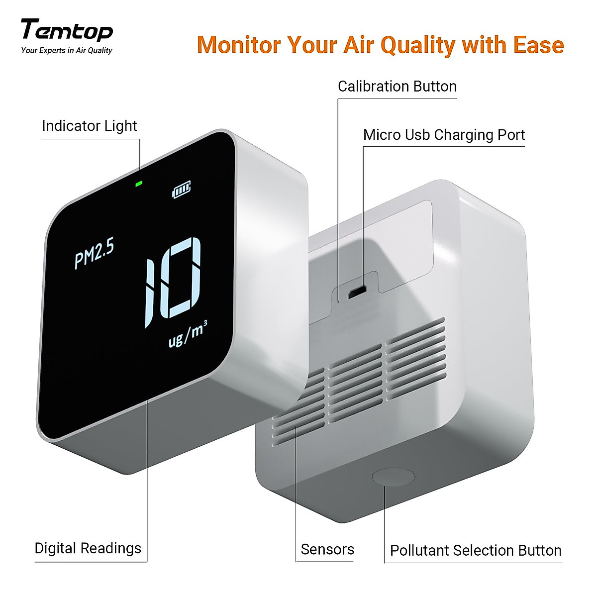 Temtop Indoor Air Quality Meters PM2.5 AQI Air Quality Monitor Home Air Testing Kit, P10