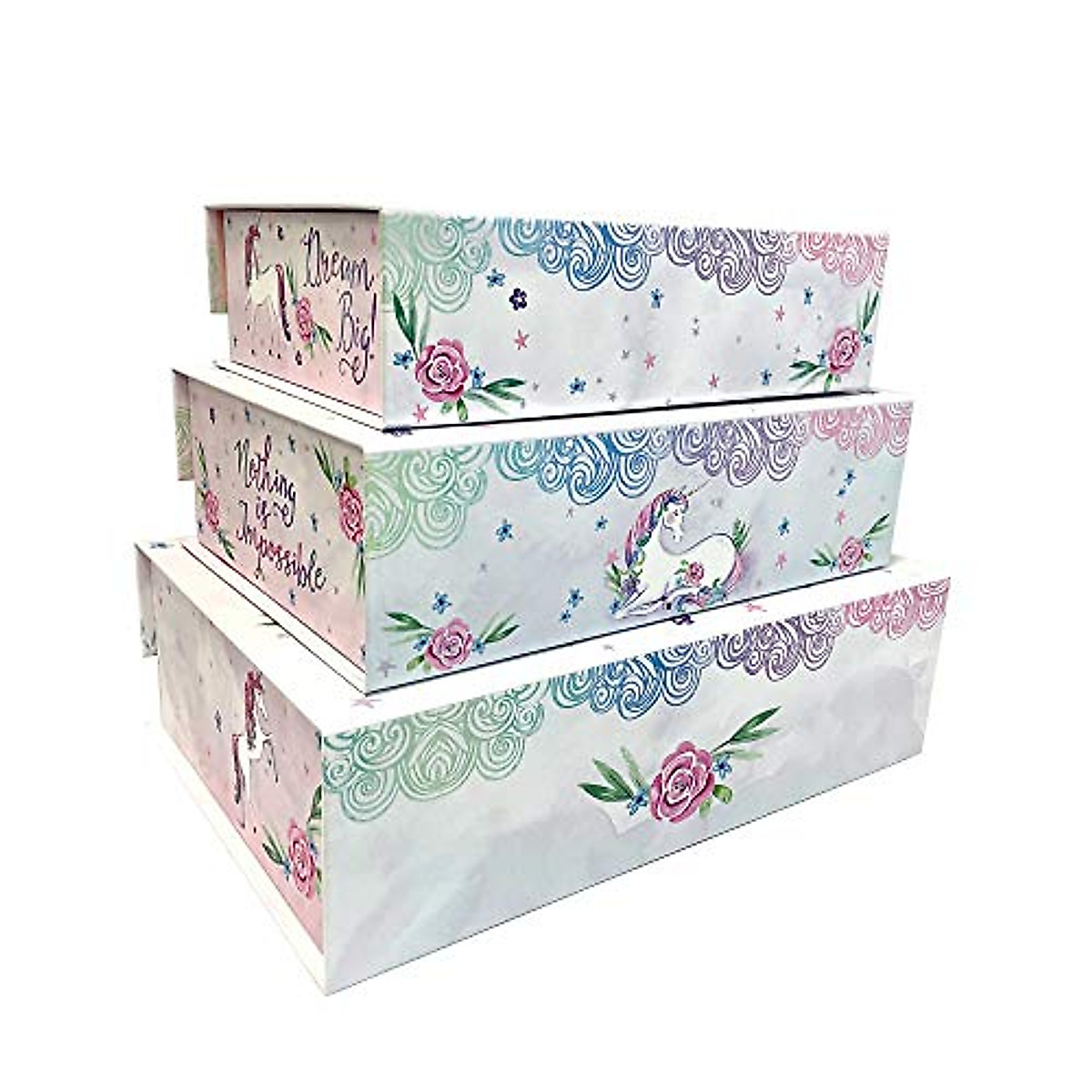 VOTUM Decorative Nesting Storage Boxes with Lids Stackable Box Set with Cute Designs for Girls, Kids - Containers for Storage and Organization - Small, Medium, and Large (Dream Big)