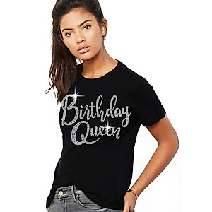 Birthday Tees for Women - Rhinestone Girly Birthday Queen T-Shirt - Birthday Party Shirts - X-Large - Black Tee(Queen RS) Blk/XL