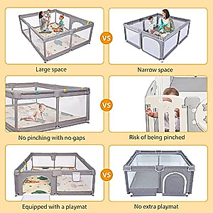 COLOR TREE Baby Playpen with Mat, 71”x59” Extra Large Playpen for Babies and Toddlers, BPA-Free Baby Playard with 50 Ocean Balls, Basket, Anti-Slip Base, Breathable Mesh, Kids Activity Center Gray