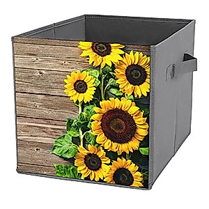 DamTma Sunflowers on Wooden Fabric Storage Bins Vintage Wood Texture Cubes Baskets Containers with Handles for Home Closet Bedroom Drawers Organizers Flodable 10.6inch