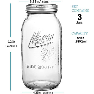 Yniken 3 Pack Large Mason Jars 64 oz Wide Mouth Half Gallon Mason Jars with Airtight Lid and Band, Durable Glass Food Storage Jars, Clear Glass Jars for Canning, Fermenting, Pickling, Storing