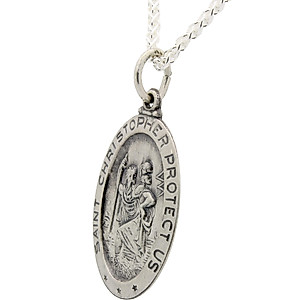 All Patron Saints Oval St Christopher Medal Necklace in Solid Sterling Silver Protect Us Medal 24 x 16 MM With 24 Inch Chain (Adult Male)
