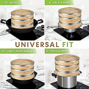 Bamboo Steamer 3 Tiered 9.5" Multifunction Dumpling Vegetable Bun Rice Baskets Steamers Stacking Basket for Efficient Food Steaming and Cooking with Stainless Steel Cook Ring and Silicone Sheet Liner