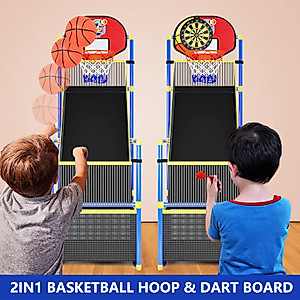 OMNISAFE Arcade Basketball Hoop Game Set for Kids & Dart Board, Basketball Game Training System, Includes 2 Balls, 1 Air Pump and Slide Ramp