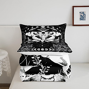 Feelyou Kids Death Moth Comforter Set Twin Size, Skull Decor Bedding Set Boys Girls Boho Moth Comforter Gothic Teens Duvet Set Bedroom Decor Bed Set 2Pcs