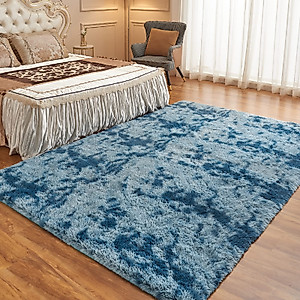 Arbosofe Area Rugs for Living Room Bedroom, 9X12 ft Tie dyed Blue Fluffy Fuzzy Shag Small Carpet Soft Plush Furry Clearance Rug, Cute Rugs for Nursery, Playroom, Kids and Girls Room