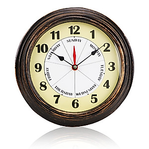 12 Inch Wall Clock, Classic Number Clocks, Decorative Clocks, Time & Day of The Week Wall Clock, Modern Round Clock for Home, Kitchen, Bathroom, Garden, Office(Bronze)